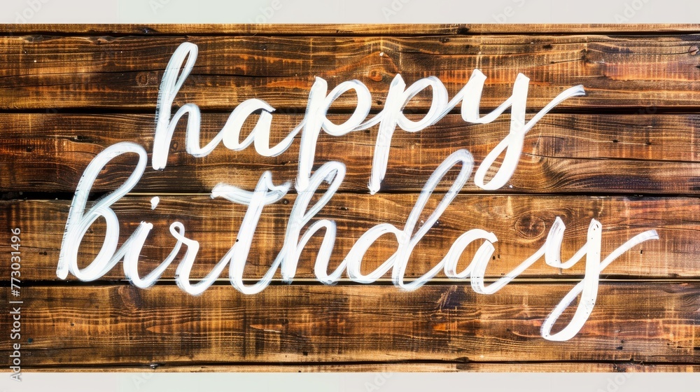 happy birthday written in cursive font with wooden background Stock ...