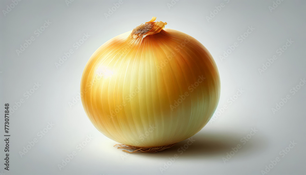 Fresh yellow onion with intact root and trimmed stem on a white ...