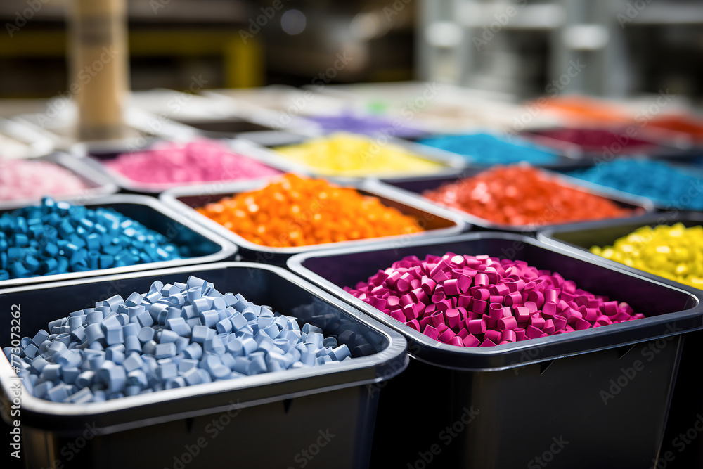 Plastic pellets in containers, symbolizing recycling and environmental ...