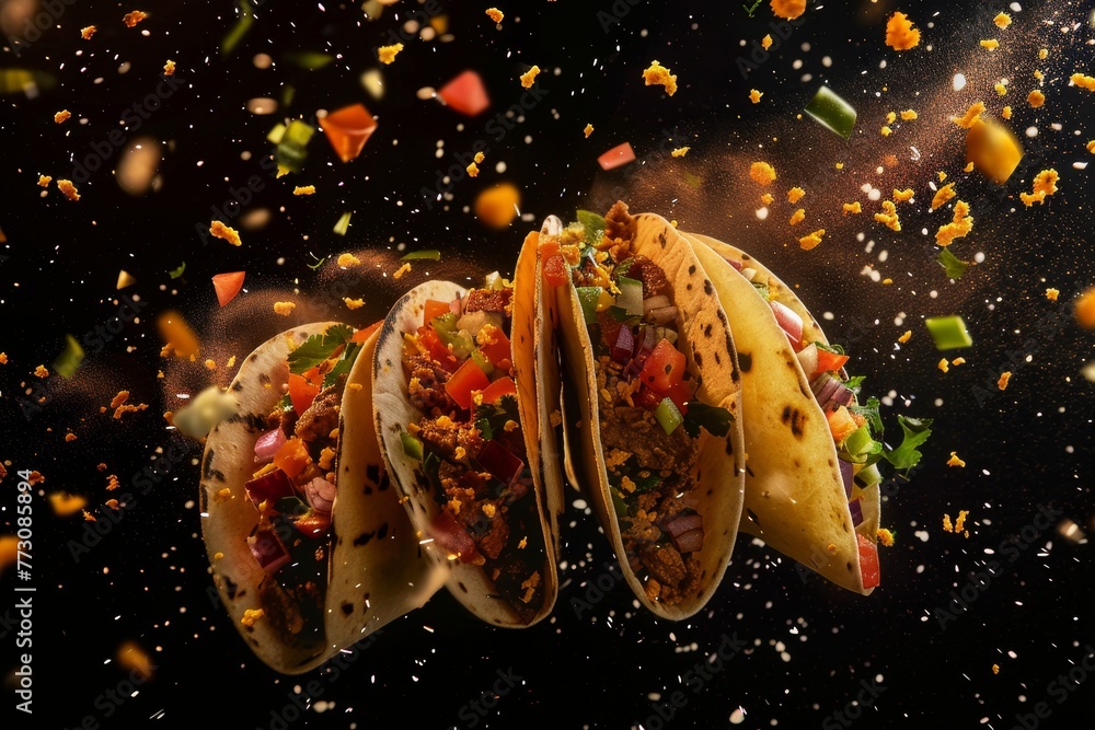 Food photography of flying tacos with various fillings, against black ...