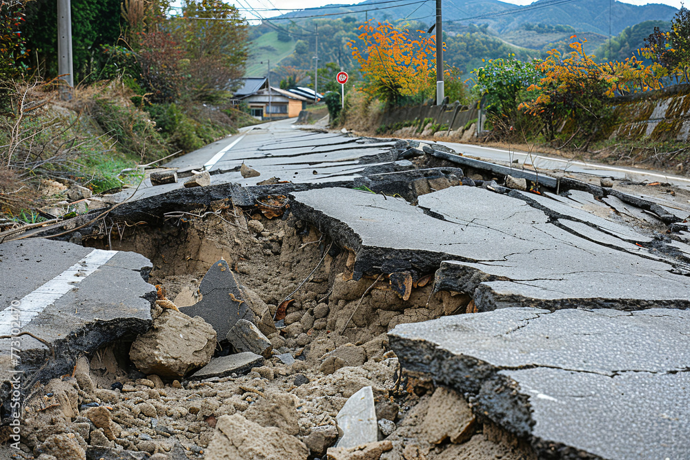 Severe damage from earthquake and liquefaction natural disasters Stock ...
