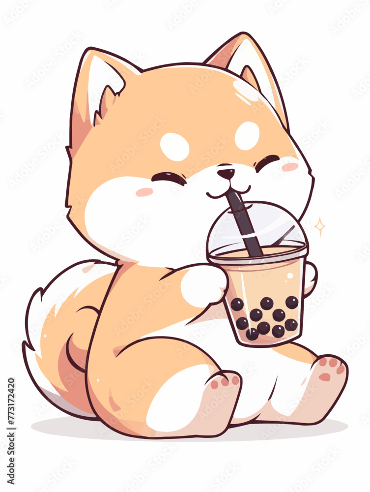 Kawaii illustrated Dog Shiba Inu Akita drinking Boba Tea Bubble Tea ...
