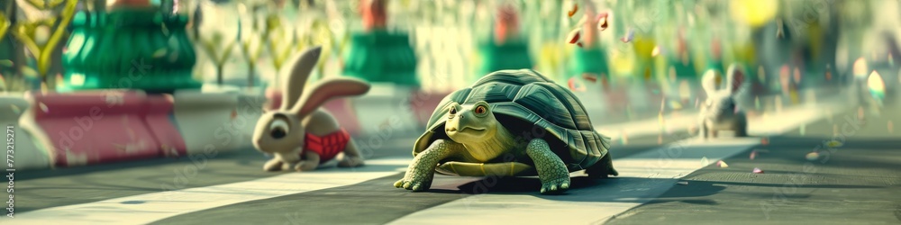 An animated 3D scene of a turtle in a race car, slowly but steadily ...