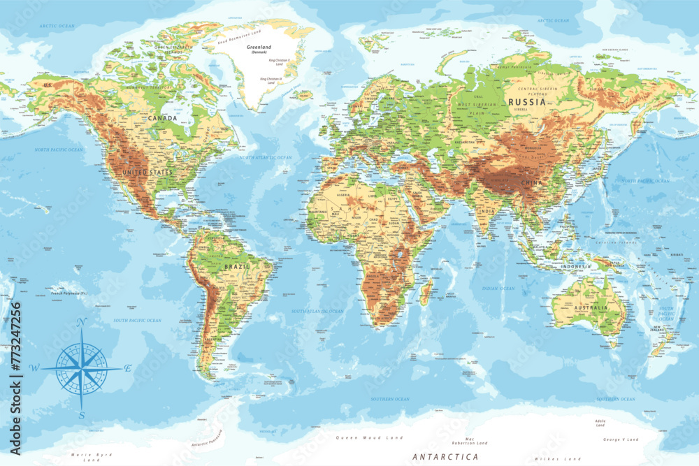 World Map - Highly Detailed Topographic Relief Vector Map of the World ...