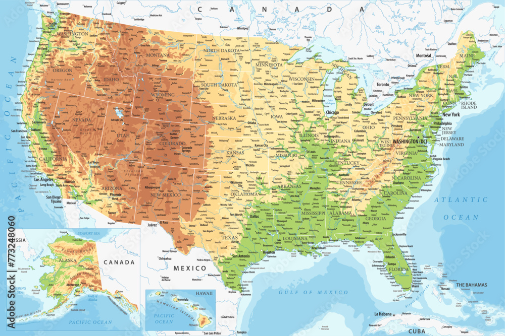 United States Highly Detailed Topographic Relief Vector Map Of The 2753