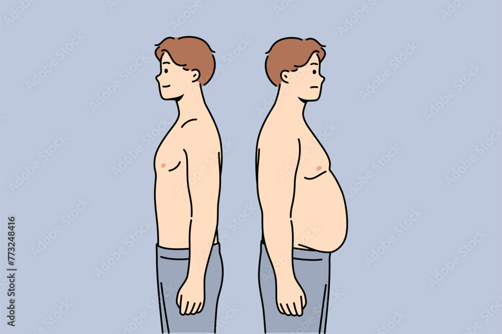 Thin and fat men stand side by side demonstrating changes in figures ...