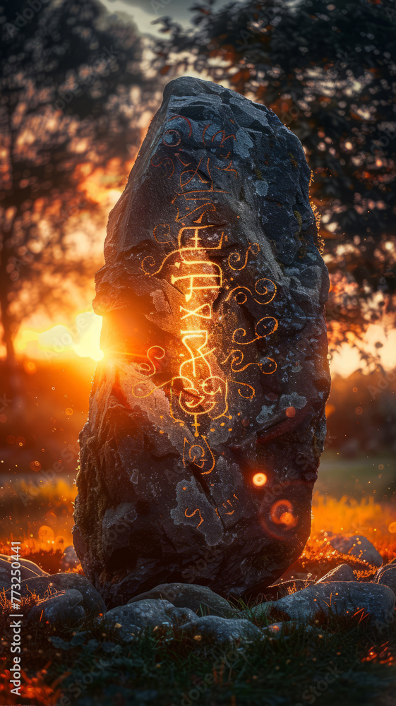 big stone with a cave in the middle, covered with runic scriptures ...