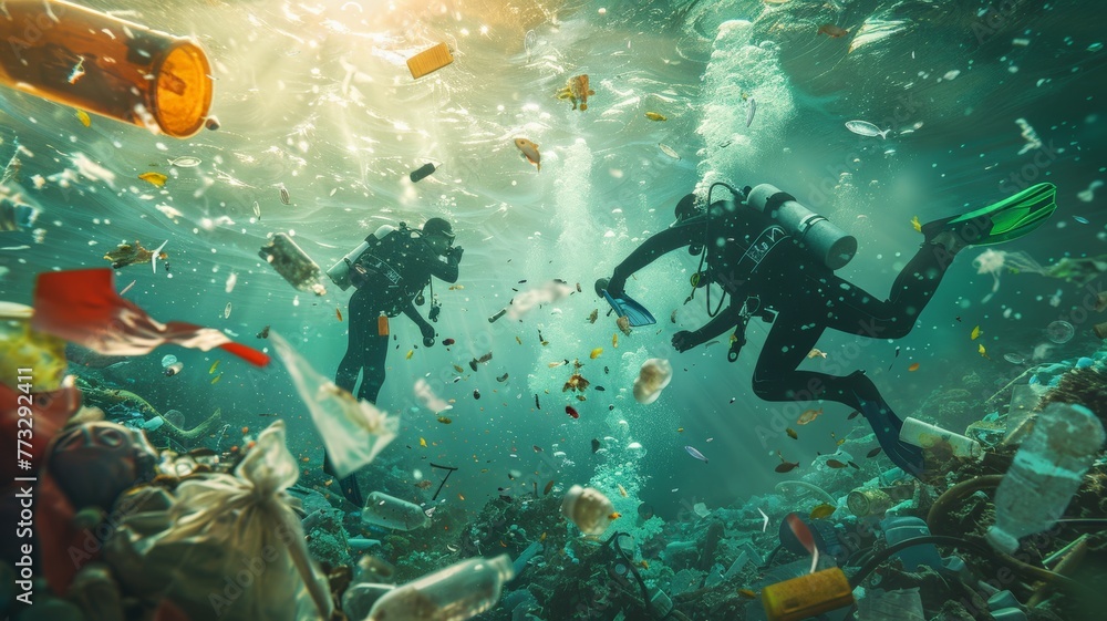 Divers collect garbage under the sea . world ocean day world ...