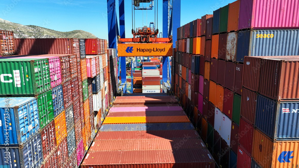 Aerial drone photo of ONE Manhattan container being loaded in ...