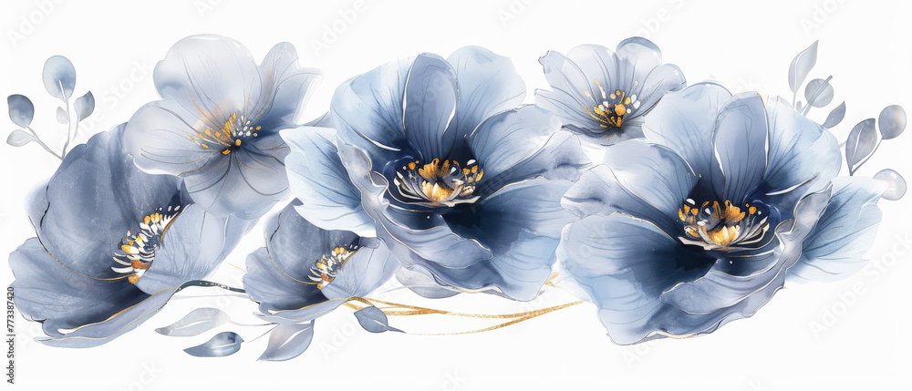 Ilustración de Stock bella acuarela de flores en tonos azules y dorados, sobre fondo blanco para ...
