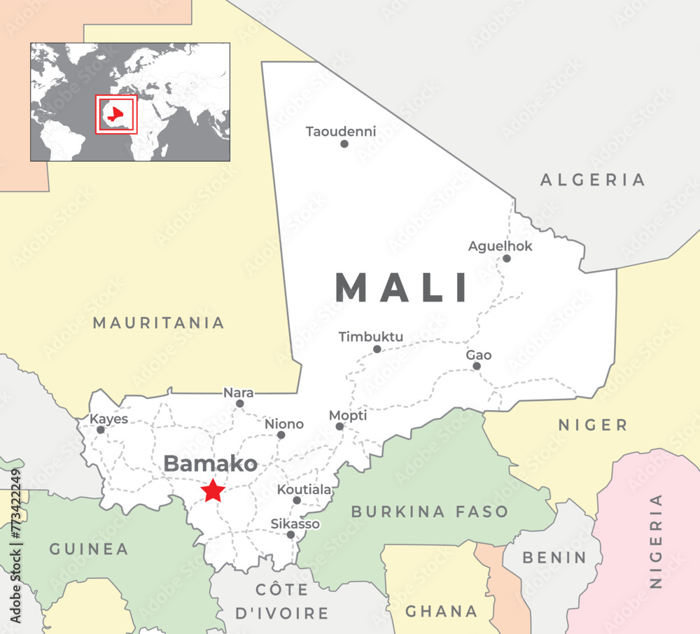 Mali Political Map with capital Bamako, most important cities with ...
