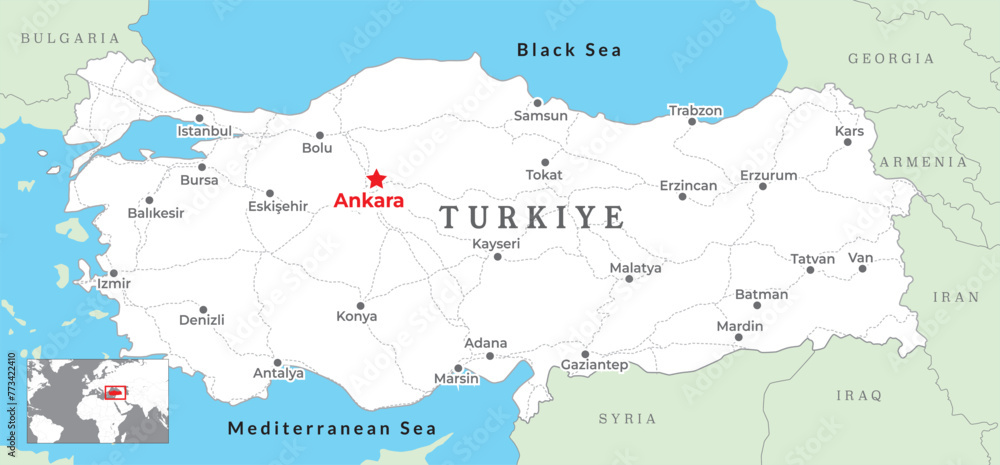 Turkey Political Map with capital Ankara, most important cities with ...