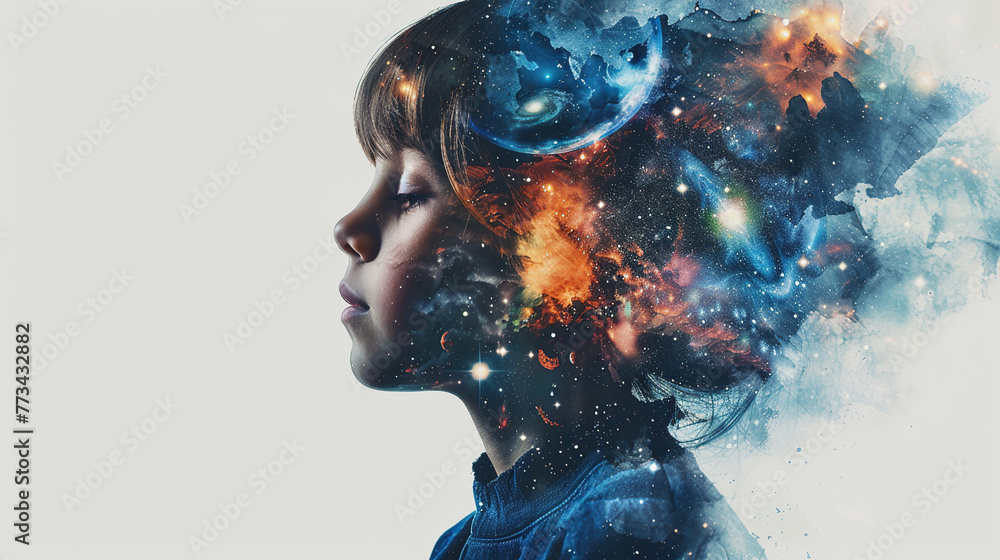 child Astronaut imagining space in mind merged brain with watercolor ...