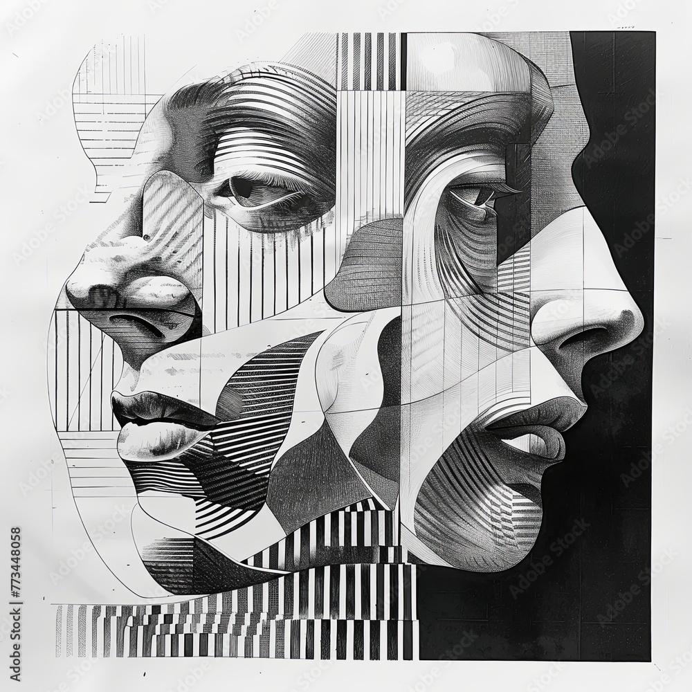 Cubist style collage of two faces cut and glued together. Abstract and ...