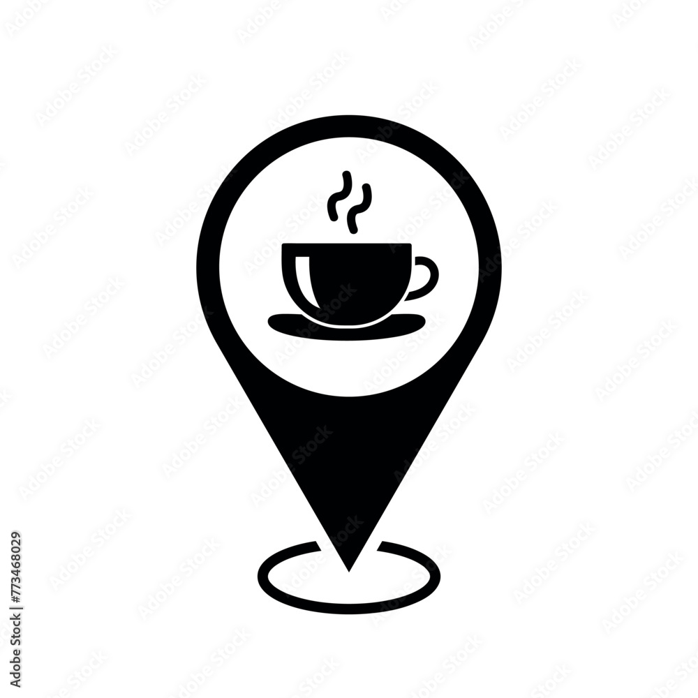 coffee shop location map pointer, cup of coffee icon with location pin, black symbol isolated on ...