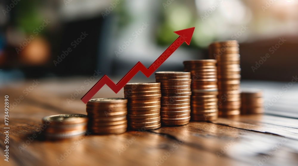 Coins are laid out in ascending columns of growth with a graphic red ...