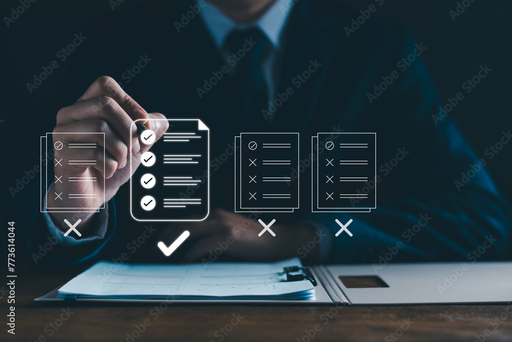 Check list concept. Businessman tick off questionnaire, survey, test ...