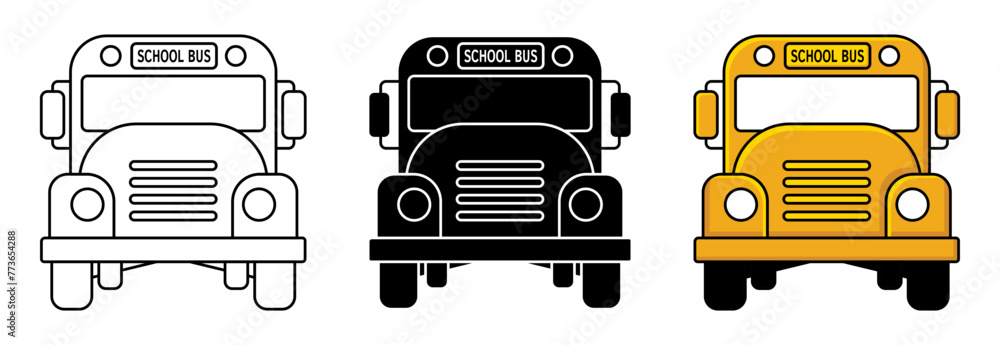 School Bus Icon Set. Front View Vector Isolated on White Background ...