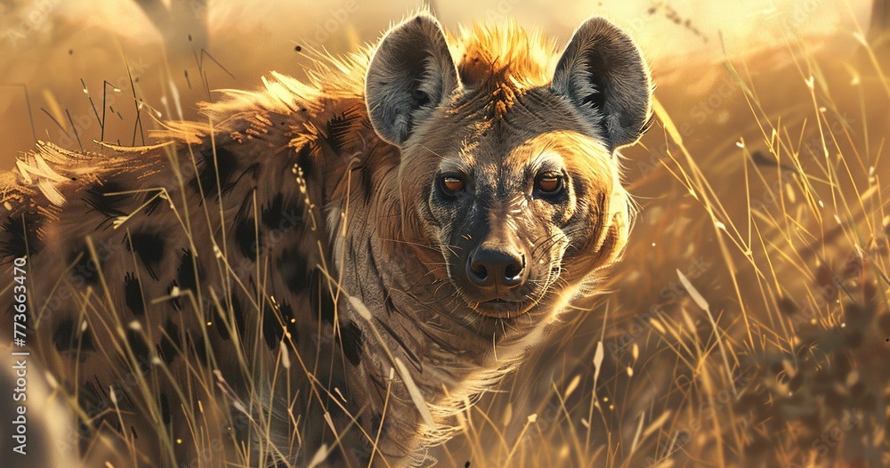 Hyena, eyes cunning, adapted to both hunt and scavenge in arid lands ...