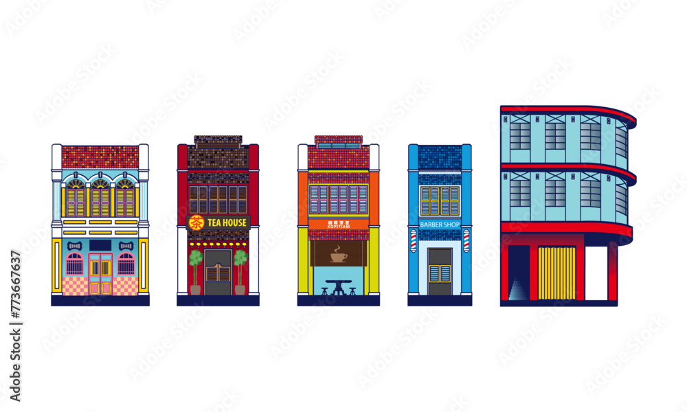 Isolated historical colonial style shop houses in nostlagia color ...