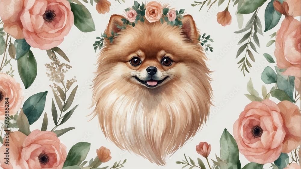 Cute pomeranian spitz in spring flowers, beautiful watercolor ...