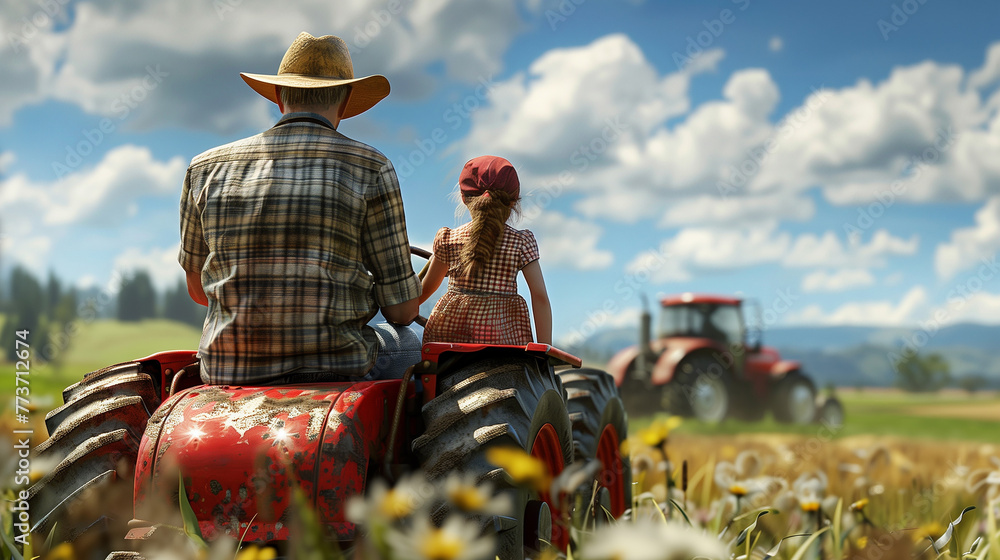 Moment of a farmer father and his young daughter engaging in daily farm ...