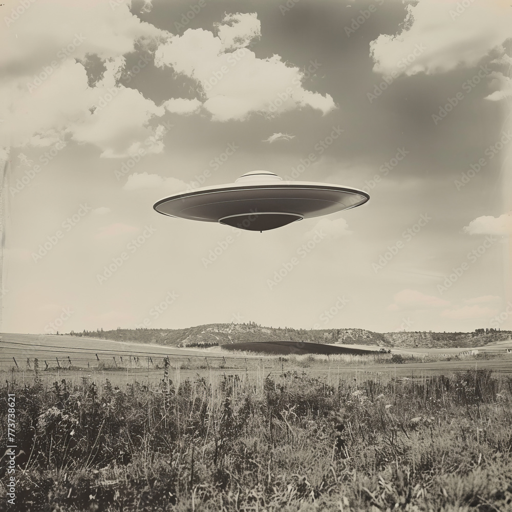 Retro UFO flying saucer over rural landscape in vintage 1950s 1960s ...