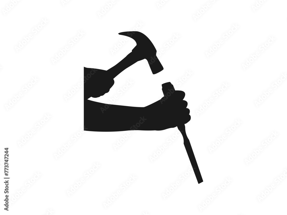 hammer And chisel silhouettes. Mine worker, using a chisel and hammer ...