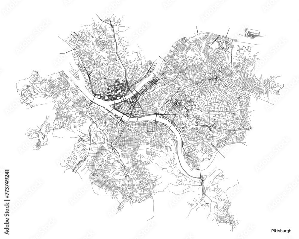 Pittsburgh city map with roads and streets, United States. Vector ...