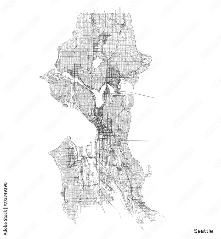 Seattle city map with roads and streets, United States. Vector outline ...