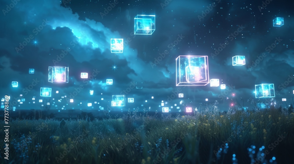 A constellation of small, cyan neon squares, floating gently above a dark, grassy meadow under a ...