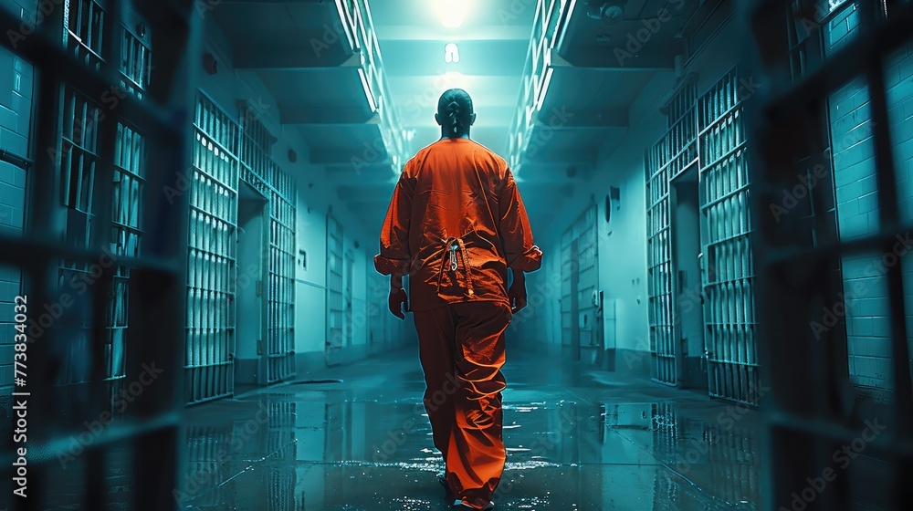 Rear view. A prisoner in a federal prison mysteriously entering a cell ...