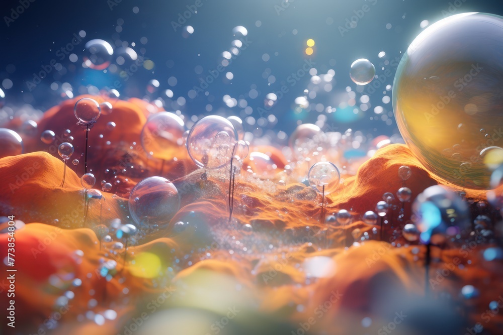 hyperdetailed conceptual scene with big magic bubbles with tiny worlds ...