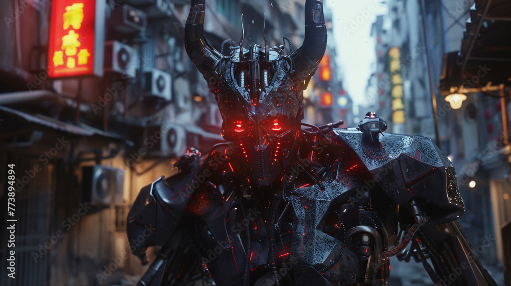 Devil robot in city Commanding robotic devil strides through urban ...