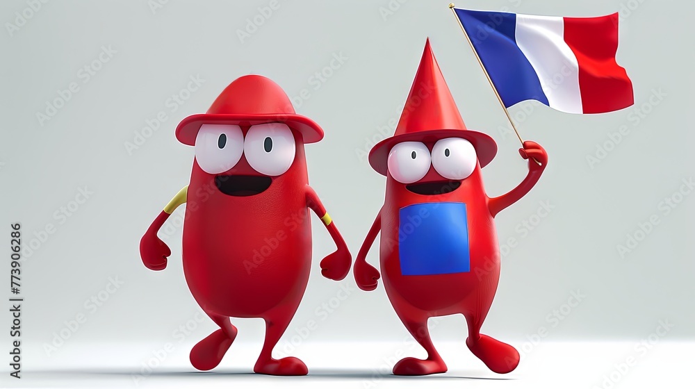 Two red cartoon characters, mascots holding French flag. Olympic Games ...