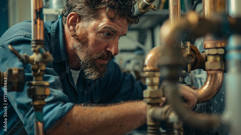 Craftsman adjusting copper fittings, water system background, crisp ...
