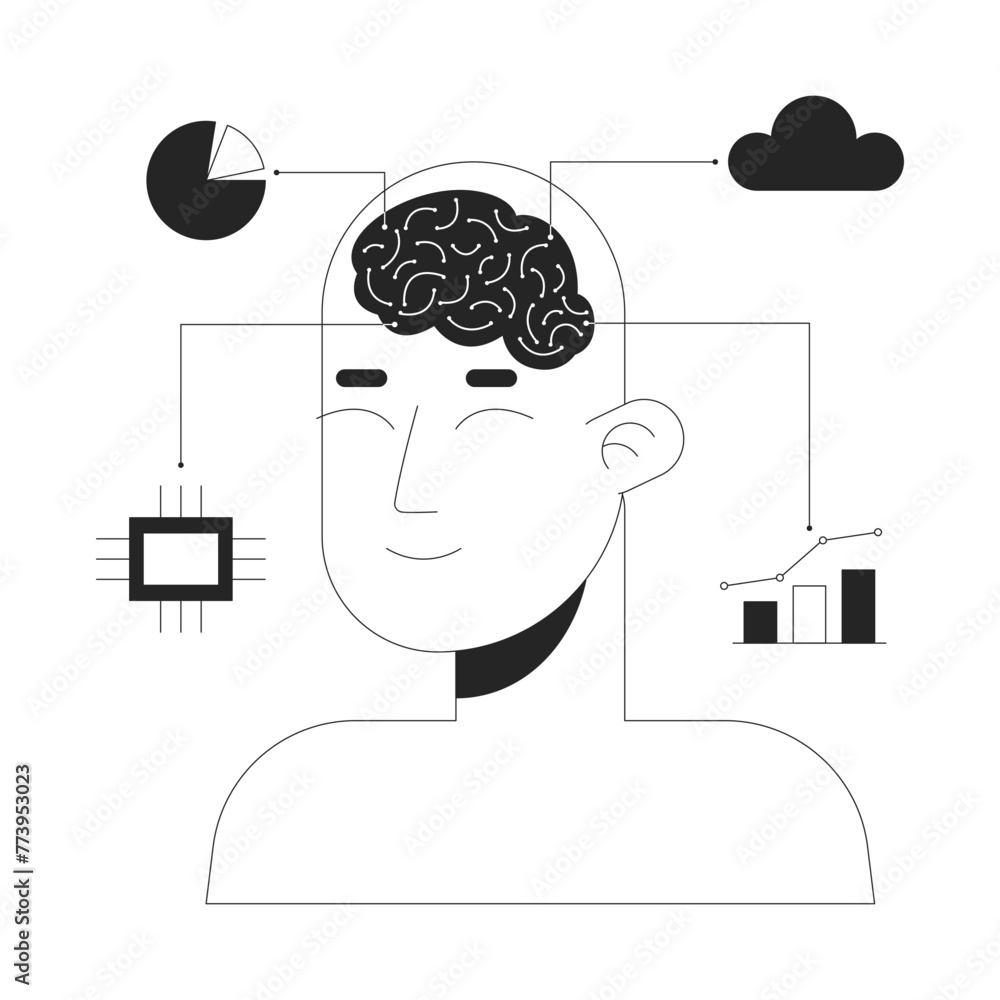 AI data analytics black and white 2D illustration concept. Artificial ...