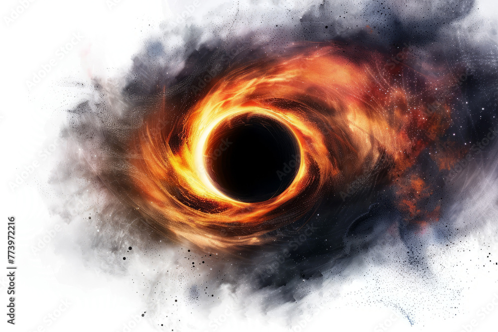 black hole surrounded by swirling gas and dust, against a white ...