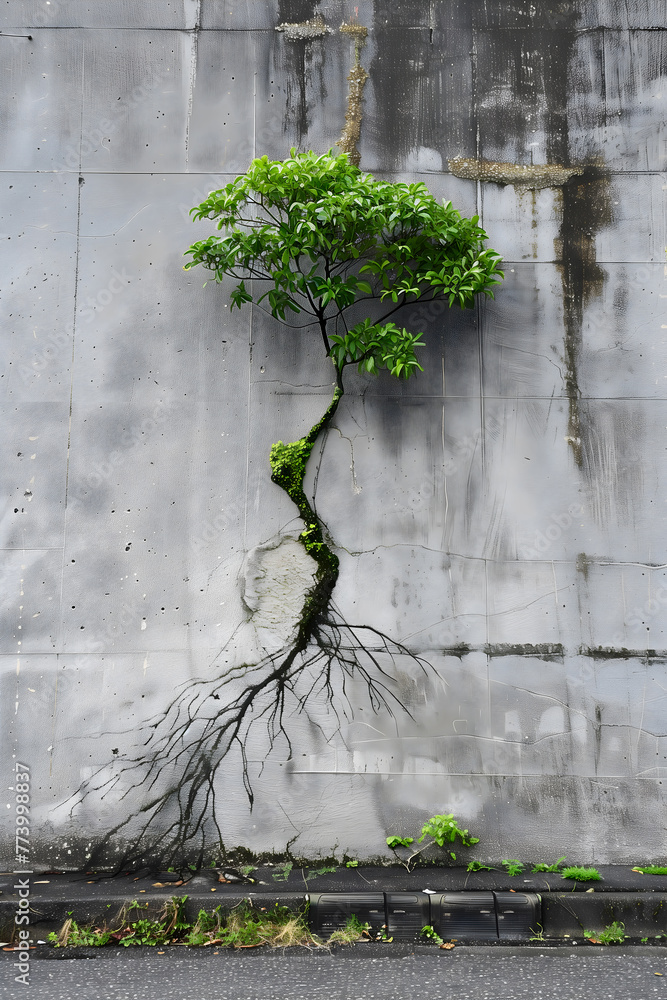 Resilient tree growing on a concrete wall, symbolizing hope and ...