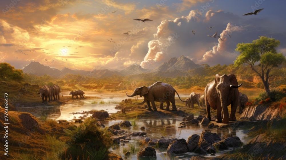 Cenozoic Era, Dinosaurs and birds in nature at sunset. The world of the ...