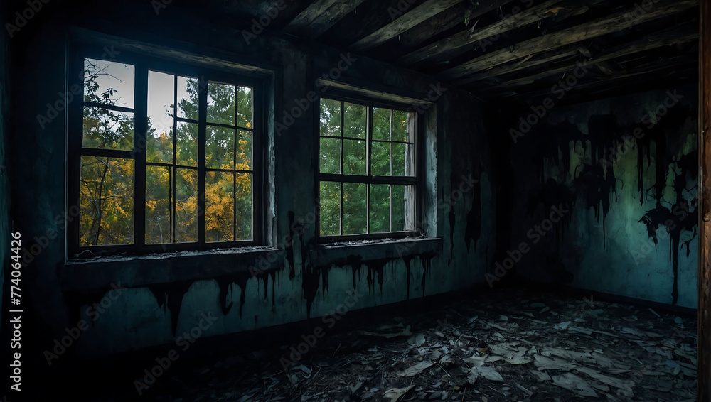 Abstract horror background for halloween. Gloomy scary window with ghostly light and shadow in ...