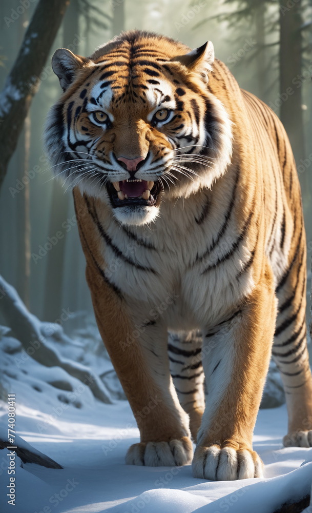 A formidable sabertooth tiger like found in the ice age, its form ...