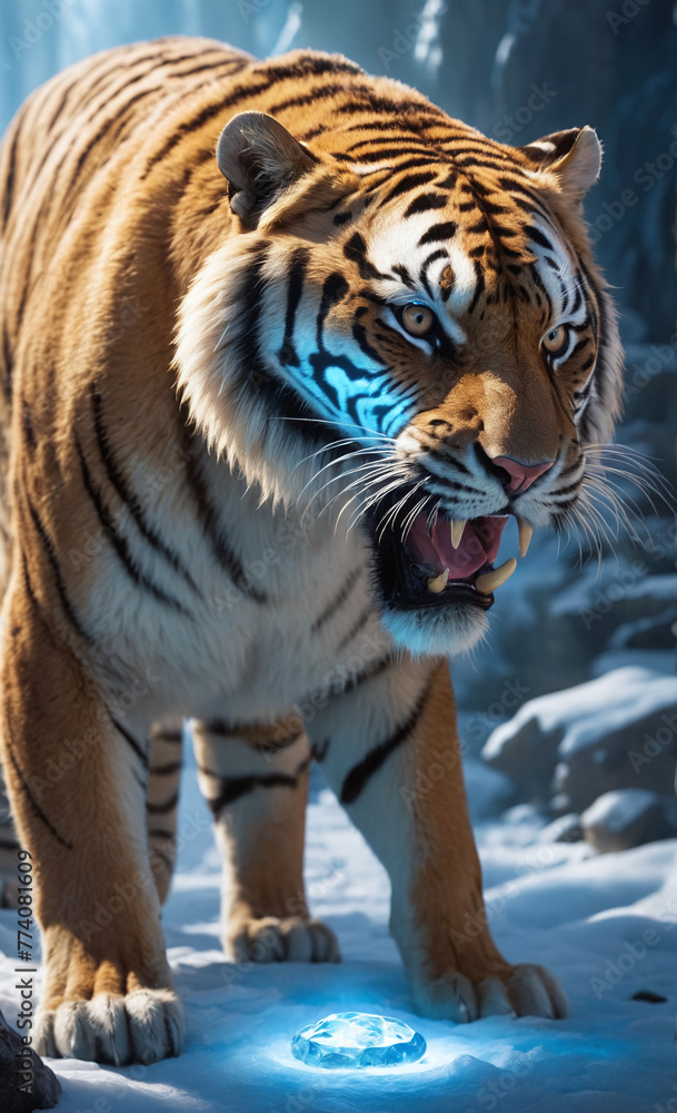 A formidable sabertooth tiger like found in the ice age, its form ...