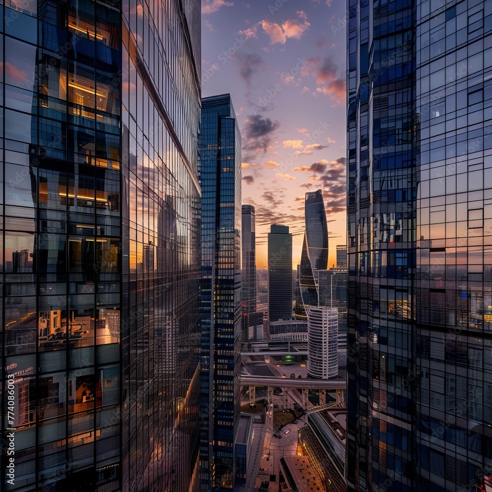 High-rise buildings, cityscape, modern architecture, sunset sky, urban skyline, glass curtain ...