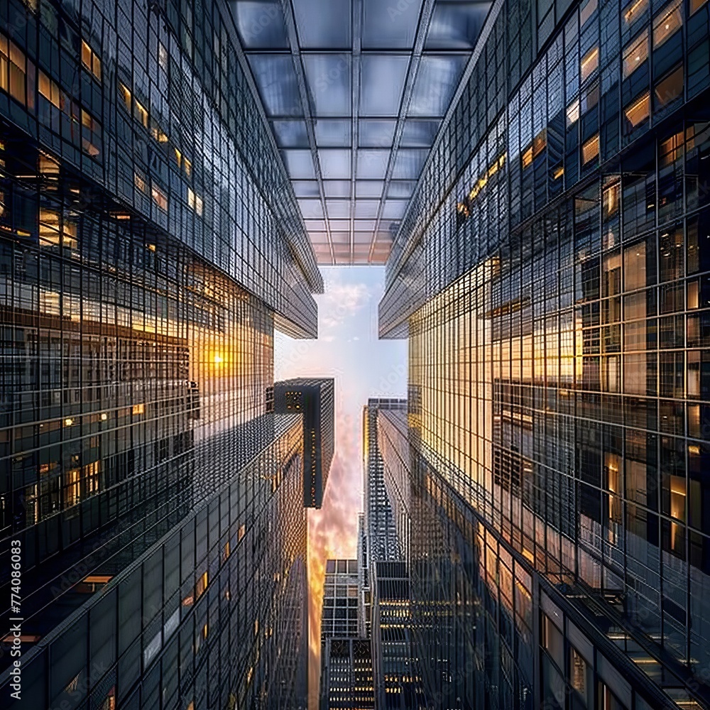 High-rise buildings, cityscape, modern architecture, sunset sky, urban ...