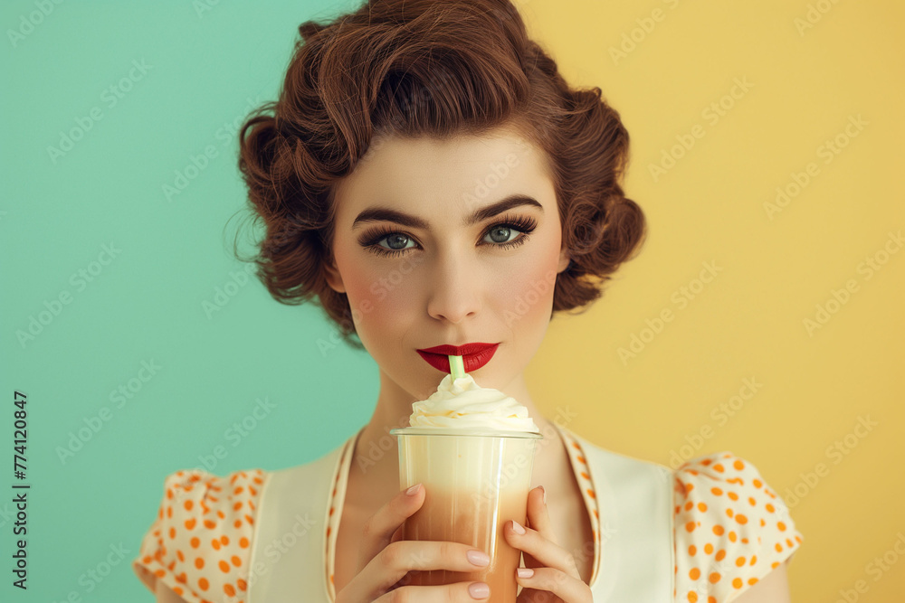 A retro-style advertisement featuring a glamorous woman enjoying a soda ...