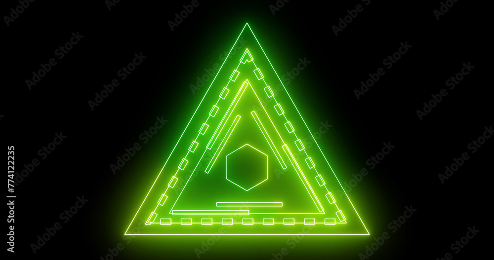 Loading data neon HUD triangle interfaces illustration. Technology neon colored HUD for a title ...