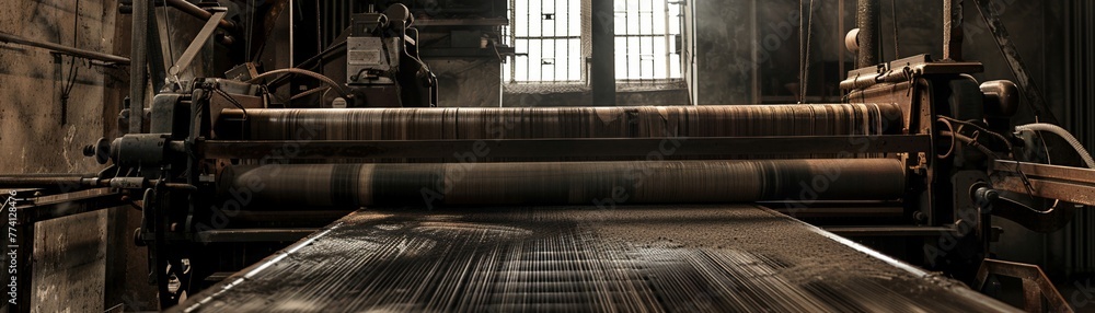 Waterpowered loom, industrial revolution style, massive and rhythmic ...