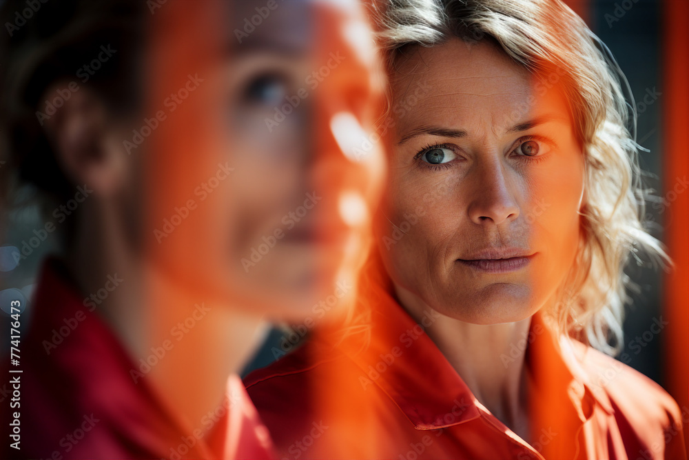 Criminals jailed in prison in orange uniform behind metal bars ...