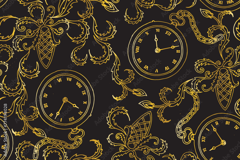 Seamless pattern with Vintage pocket watches with acanthus leaf ...